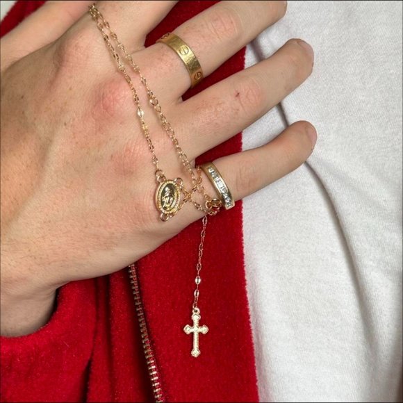 Accessories | Y2k 200s Gold Rosary Bead Style Jesus Piece Necklace ...